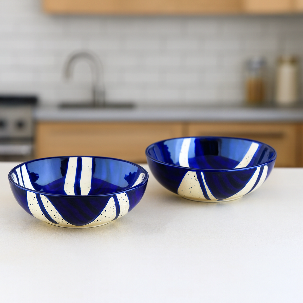 Premium Blue Splash Ceramic Bowl Set of 2 | BlackCarrot